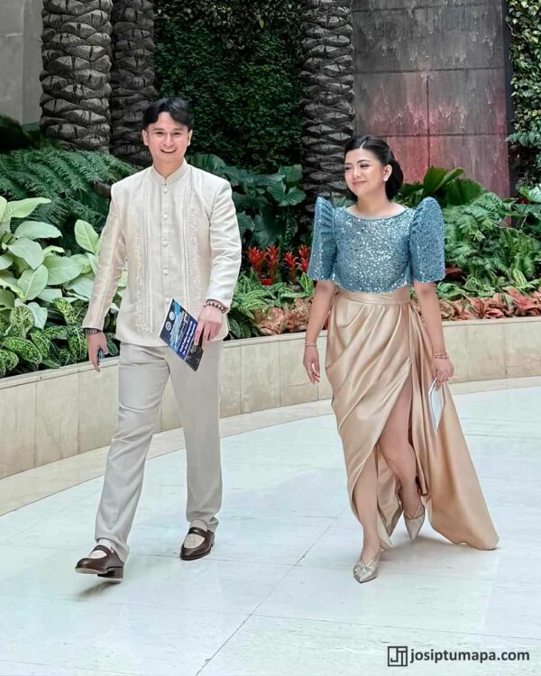 Modern Filipiniana in Blue Sequins and Gold Draping - Josip Tumapa